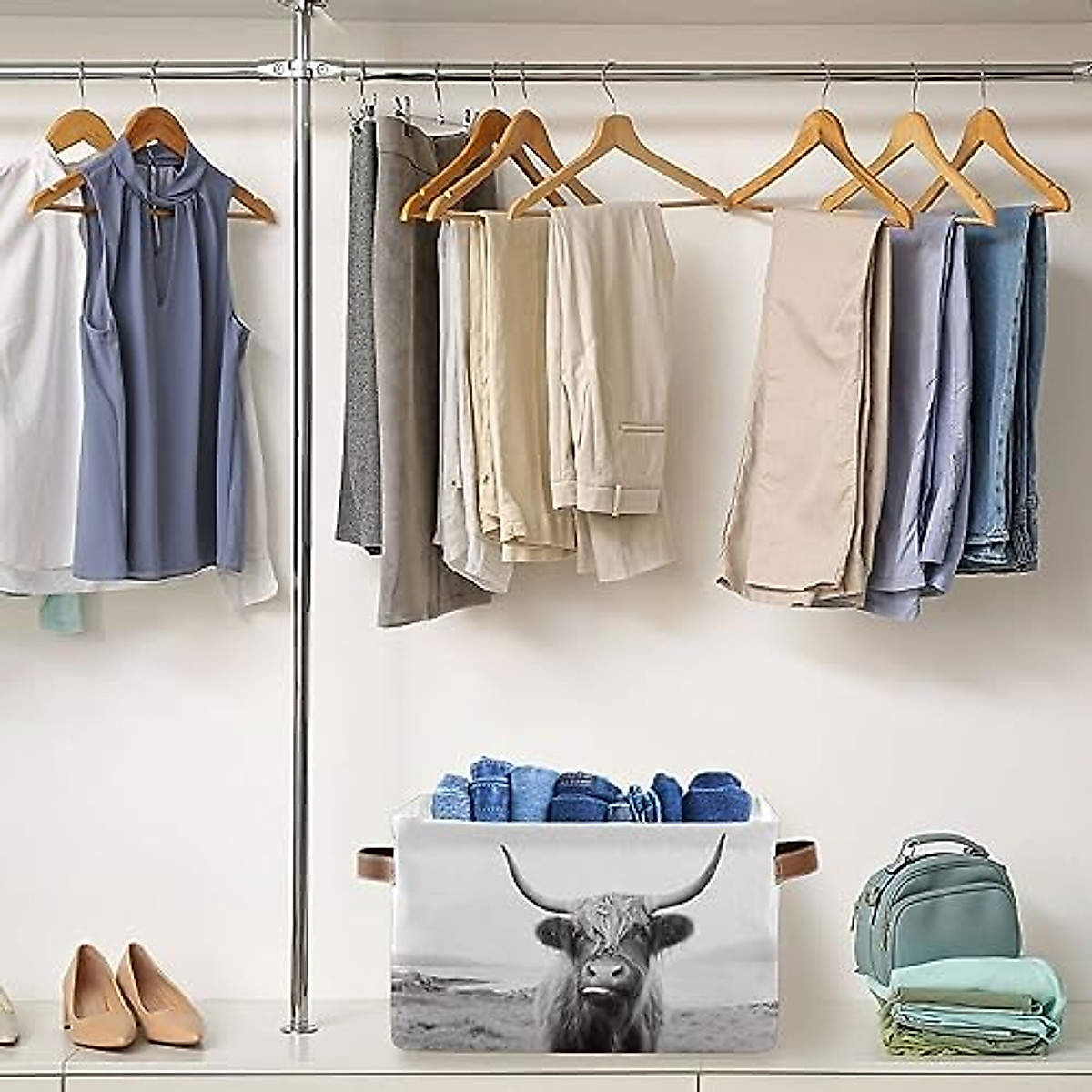 xigua Scottish Highland Cow Print Storage Bin Collapsible Canvas Storage Basket Closet Organizer with Handles for Bedroom Nursery Shelves Laundry Room, 1 Pack