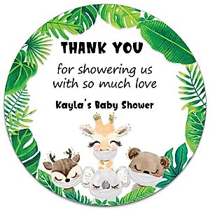 Baby Shower Favors Custom Stickers - Set of 36 Personalized Baby Shower Thank You Gifts Self Adhesive Flat Sheet 2 Inch Round Labels for Drive by Baby Shower Favors Jungle Animals Theme