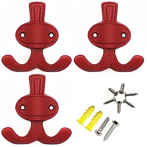 ImyHok Red Coat Hook Kids Wall Hooks Backpack Rack Hook Cute Double Hooks for Hanging Towel Key in Children's Room Nursery Decorative Metal Wall Mounted 3 Pack (Red)