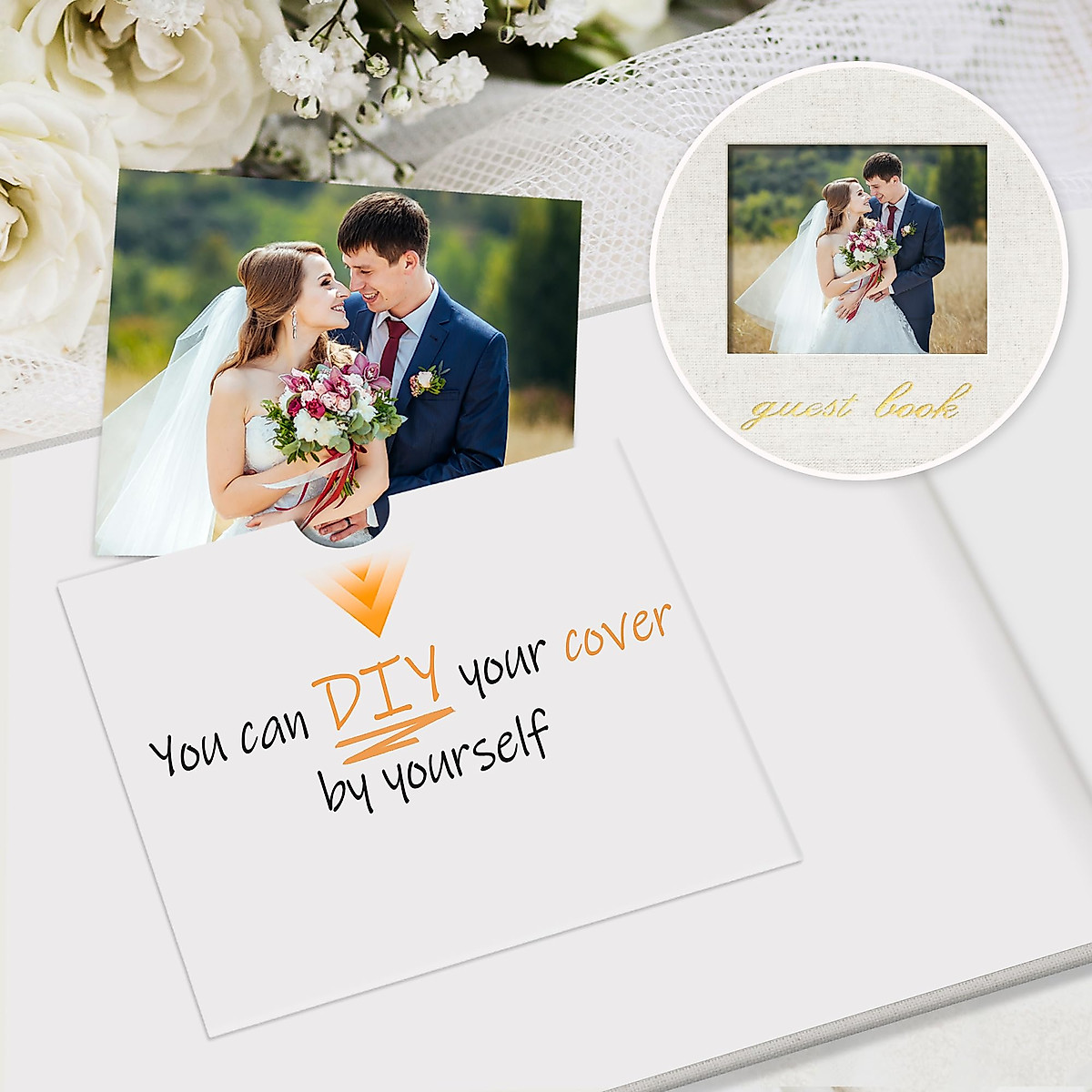 SUNEE Wedding Guest Book - Polaroid Guest Book Weddings Reception, Linen Cover Elegant Guest Book for Baby Shower, Birthdays and Special Events, 100 Blank Pages for Wedding Sign in and Photos, Beige