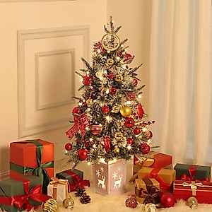 3ft Mini Prelit Premium Snow Flocked Artificial Christmas Tree, Pre-lit Xmas Pine Tree for Christmas Decoration, Party Decoration, Home, Office, White Base (White Base-elk, 3FT)