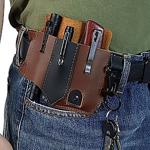 Kosibate EDC Leather Sheath, Multitool Sheath Belt Organizer Pocket for Knife/Flashlight/Tactical Pen/Tools(Brown)