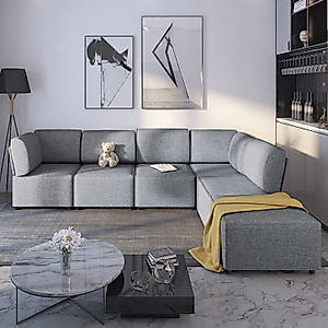 Mjkone Sleeper Sectional Sofa Bed Convertible U Shaped Sofa with Ottoman Linen Fabric L Shaped Couch Variable Modular Sectional Sofa Couches for Living Room Apartment Small Space, Light Grey