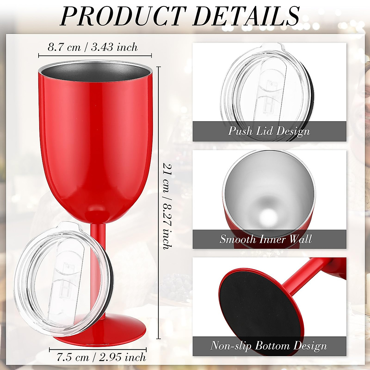 Yinder 8 Pcs Stemmed Stainless Steel Wineglasses, 12 oz Stainless Wine Goblet with Lids Double Wall Insulated Unbreakable Goblets Insulated Stem Wine Tumbler for Friendship Birthday Party Supplies