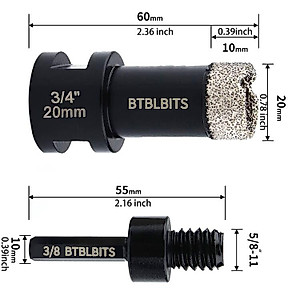BTBLBITS Dry Diamond Core Drill Bit 3/4 Inch (20mm) Tile Drill Bits Angle Grinder Diamond Hole Saw for Porcelain Ceramic Granite Brick Marble with 5/8-11 Thread to 3/8” Hex Shank Adapter