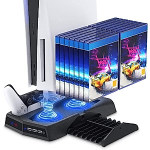 OSTENT Multi-Function Vertical Stand, Charging Station Dock, Cooling Fan, Retractable Game Storage Bracket for Sony PS5 Disc/Digital Edition Console DualSense Controller