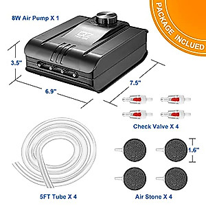 JEREPET 320GPH Aquarium Air Pump 8W Adjustable Quiet Oxygen Pump with 4 Outlet and Accessories Air Stone, Check Valve, Tube,for Up to 300 Gallon Fish Tank