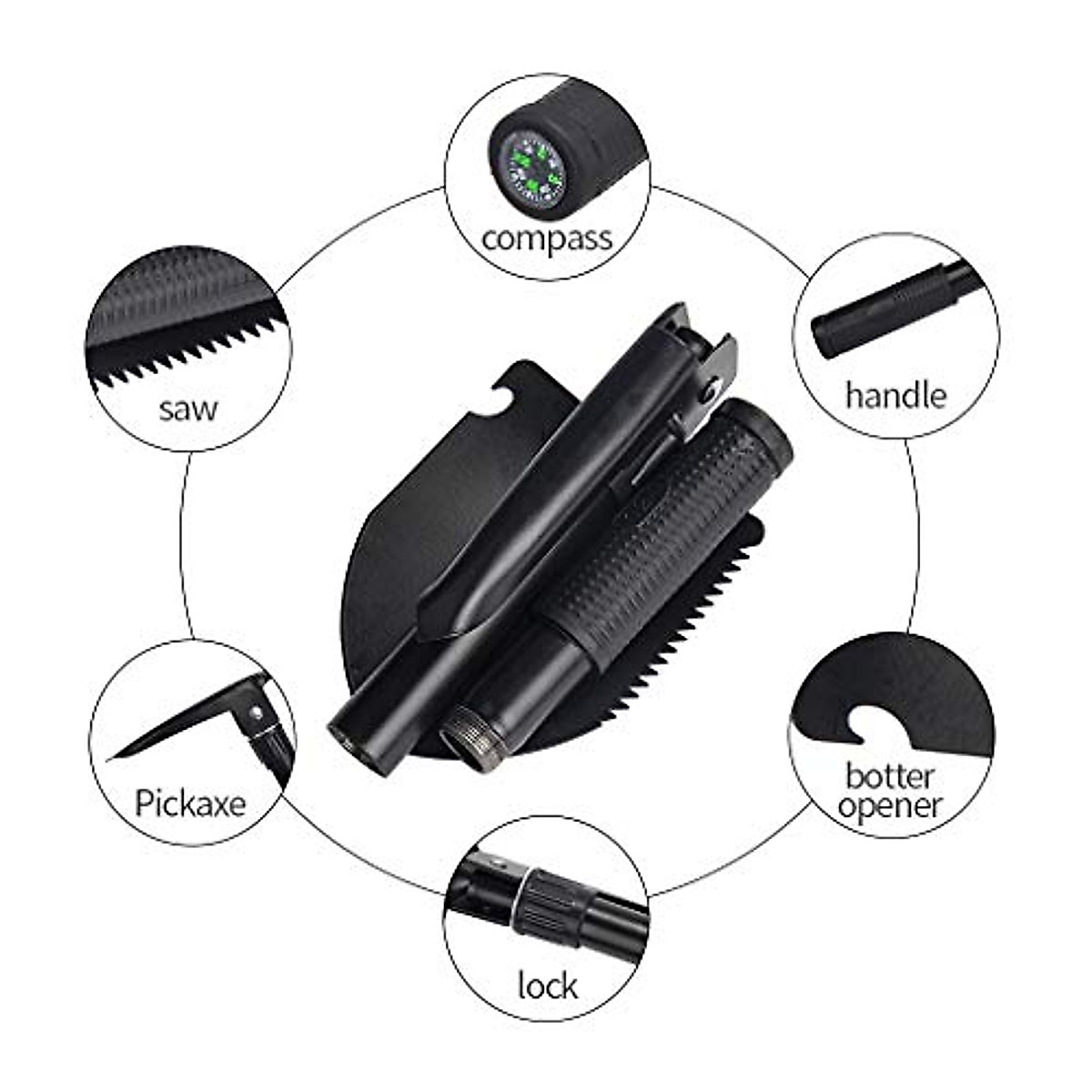 Jipemtra Gardening Folding Shovel Military Camping Shovel Survival Gear Entrenching Tool with Carrying Pouch Metal Handle for Camping Trekking Gardening Fishing Backpacking Snow (Black)