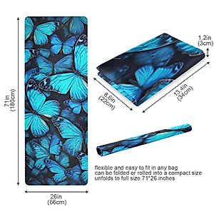 GOODOLD Blue Butterflies Yoga Mat, 71 x 26 Inch Non-slip Yoga Mats Folding Travel Exercise Mat Indoor Outdoor Gym Pilates with Storage Bag for Women Men