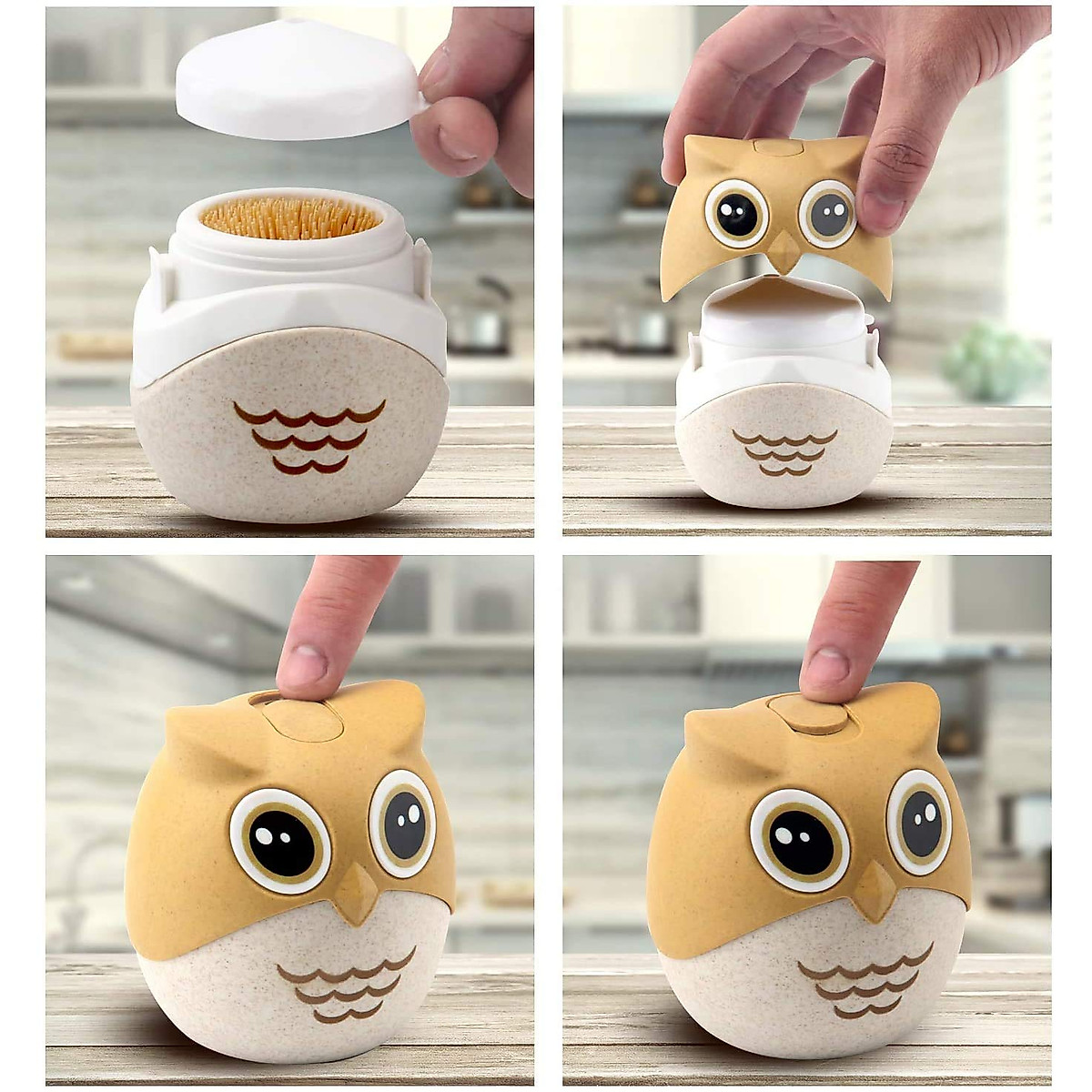 Cute Toothpick Holder Dispenser with 100 Natural Bamboo Toothpicks, Awsaccy Portable Plastic Funny Decorative Toothpick Container Storage Box for Kitchen Restaurant Party Car, Unique Gift Idea (Owl)