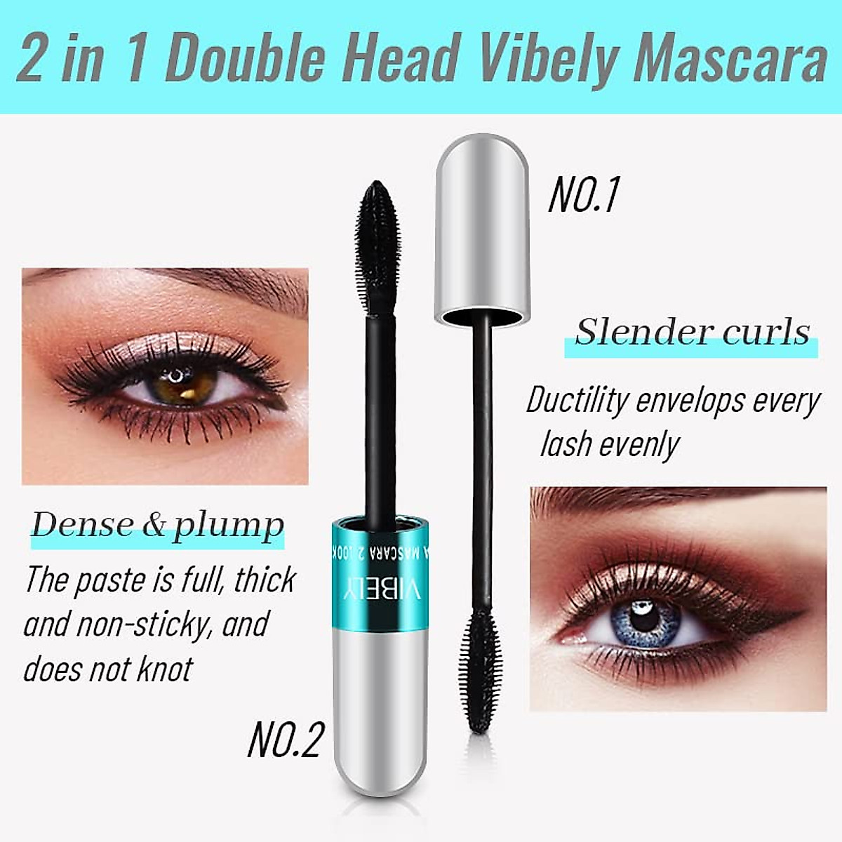Vibely Mascara 5x Longer Waterproof, 2 in 1 4D Silk Fiber Lash Mascara, Lash Cosmetics Vibely Mascara 5x Longer Washable, Long-lasting Thrive Black Mascara for Natural Lengthening and Thickening (3pcs)