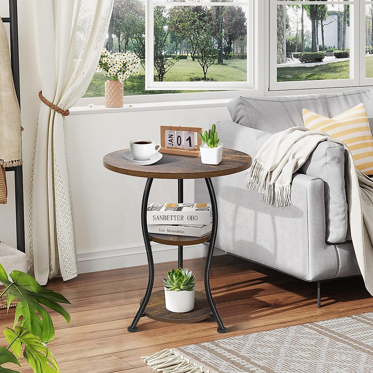 SMFANLIN 15.7 Inches Round Wood Side Table for Small Space, 3-Tier Accent End Table with Metal Frame, Coffee Table Corner Sofa Table Nightstand for Living Room, Bedroom (Rustic Brown)