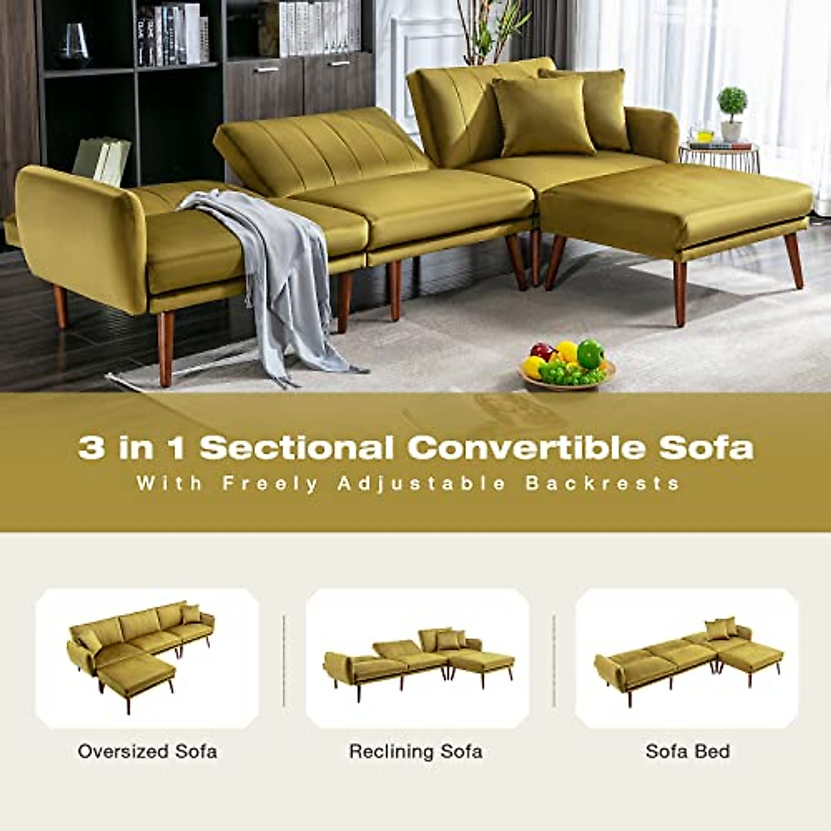 JOMEED Convertible Sectional Sofa Couch, Modern Oversized Velvet Fabric L-Shaped Couch Sofa Bed with Adjustable Backrest for Living Room, Apartment