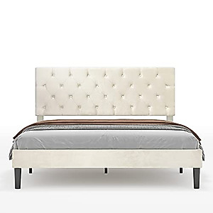 BONSOIR Queen Size Bed Frame Upholstered Low Profile Traditional Platform with Tufted Headboard/No Box Spring Needed/No Bed Skirt Needed/Soft Faux Velvet Upholstery/ Ivory