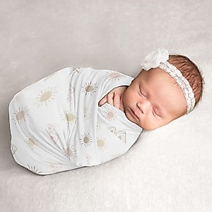 Sweet Jojo Designs Boho Desert Sun Baby Girl Swaddle Blanket Jersey Stretch Knit Newborn Infant Receiving Security - Blush Pink Mauve Gold Taupe Bohemian Watercolor Mountains Southwest Nature Outdoors