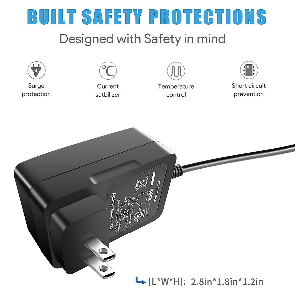 18V 1A Power Supply Adapter100V-240V AC to DC 18 Volt 1Amp Wall Charger 5.5x2.1mm DC Plug Center Positive for DC Fan Humidifier Bluetooth Speaker Sound bar Subwoofer