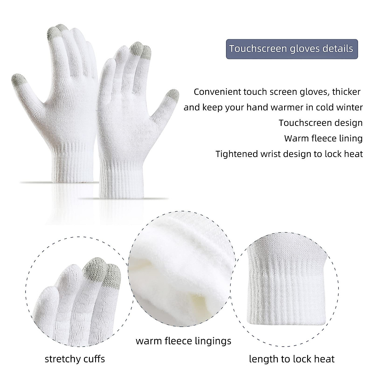 Pom Beanie Hat Scarf Gloves Set 3 in 1 Warm Thick Lining Slouchy Beanie Hats Scarf Touch Screen Gloves for Womens Girls (White)