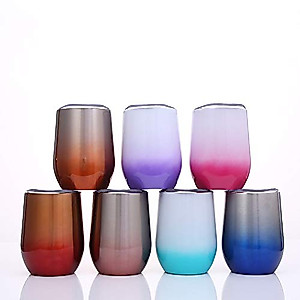 12 oz 2Pack Wine Tumbler with Lid, Double Wall Vacuum Insulated Stemless Glass, Stainless Steel Wine Cup with Straw and Straw Brush for Wine, Coffee, Drinks, Champagne, Cocktails (Colorful 1)