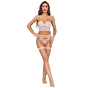 WDIRARA Women's Floral Lace Embroidered Push Up Garter Lingerie Set with Stockings Pink Multi M
