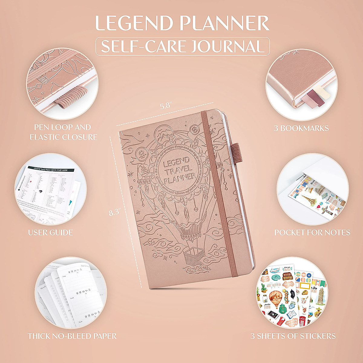 Legend Travel Planner – Vacation Itinerary Organizer for Solo Travel & Couples – Travelling Journal for Women & Men – Traveling Log with Expense Tracker & Packing List – Hardcover (Rose Gold)