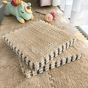 easycustomerlee 12pcs Interlocking Carpet Shaggy Soft EVA Foam Mats Fluffy Rugs Protective Floor Tiles Exercise Play Mats for Children Kids Room Home Parlor Bedroom(Khaki)
