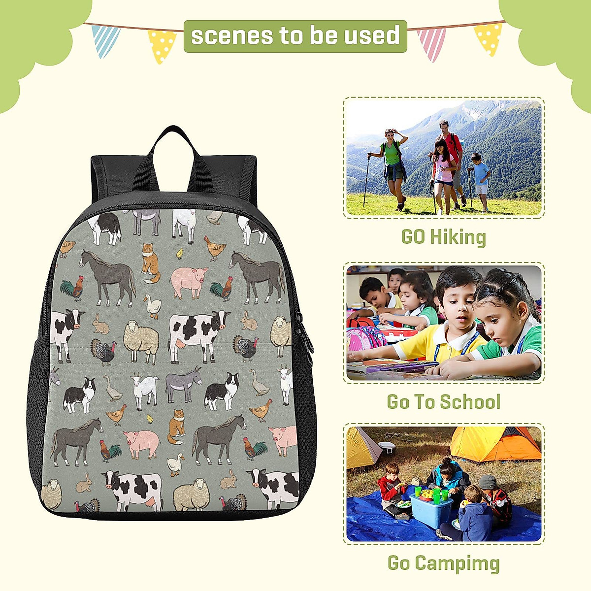 Blueangle Farm Animals Pattern Print Waterproof Backpack - Lightweight Backpack Boys Girl 2-6 Year School Bag