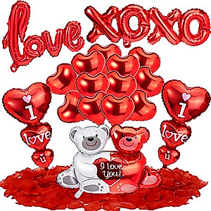 18 Inch Red Heart Shaped Balloons 40 Inch Bear Balloons Love Xoxo Balloons and 1000 Pieces Red Valentines Rose Petals for Valentine's Day, Anniversary Romantic Night Decoration