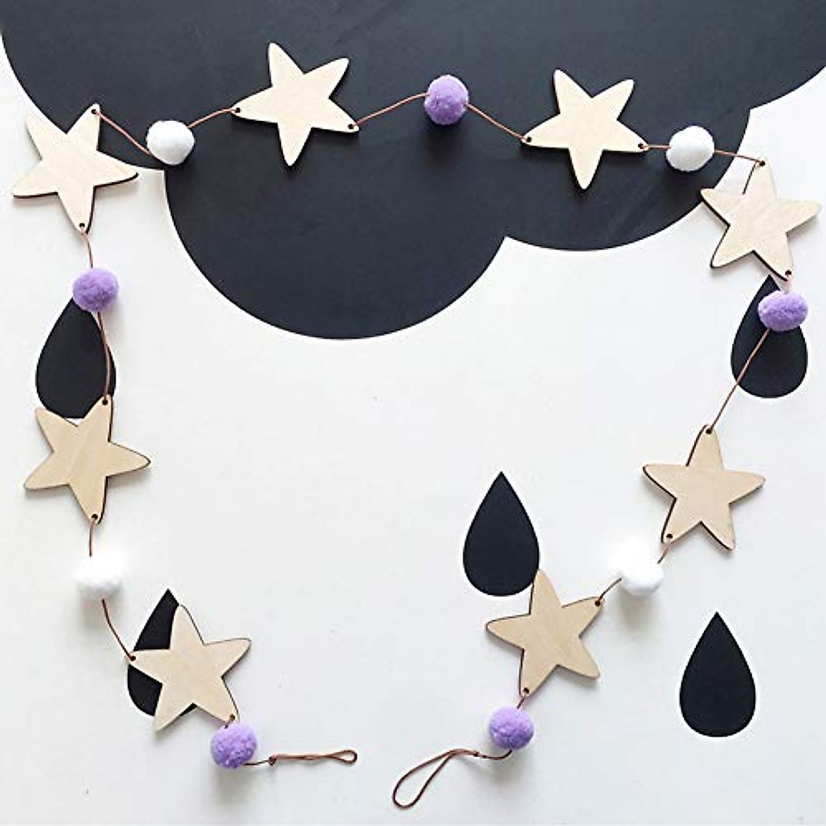 wsloftyGYd Nordic Household Wooden Star Fluffy Ball Hanging Ornament Kids Girl Room Decor Rose Red+White