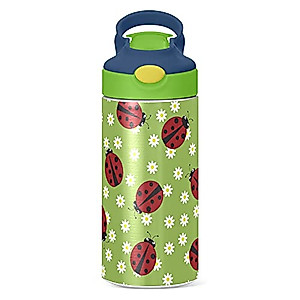 ALAZA Ladybug Kids Water Bottles with Lids Straw Insulated Stainless Steel Water Bottles Double Walled Leakproof Tumbler Travel Cup for Girls Boys Toddlers 12 oz,Green