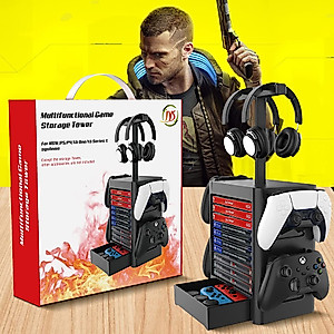 ASFSKY Game Organizer Storage Tower Game Controller Holder ABS Video Game Organizer Multifunctional Game Disk Rack Controller Organizer Headset Holder for PS5 PS4 Xbox Gamer Gifts