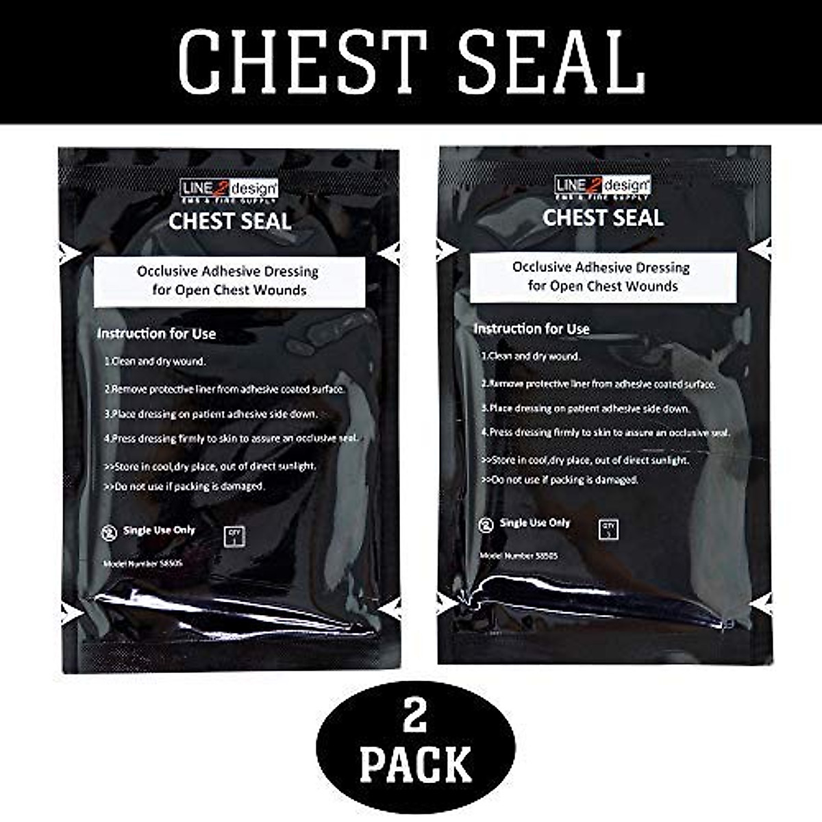 LINE2design Chest Seal - EMS Trauma Kits Emergency Medical Occlusive Chest Seal Dressing - First Aid Latex-Free Open Chest Wound First Responders Trauma Care Rescue Bandage - Pack of 2