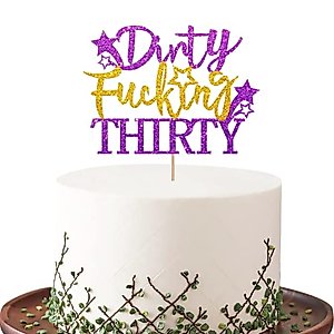 Dirty Thirty Cake Topper, Happy 30th Birthday Cake Topper, Purple & Gold Glitter Cake Decor for Thirty Birthday Party, Cheers to 30 Years Old Birthday Party Decorations