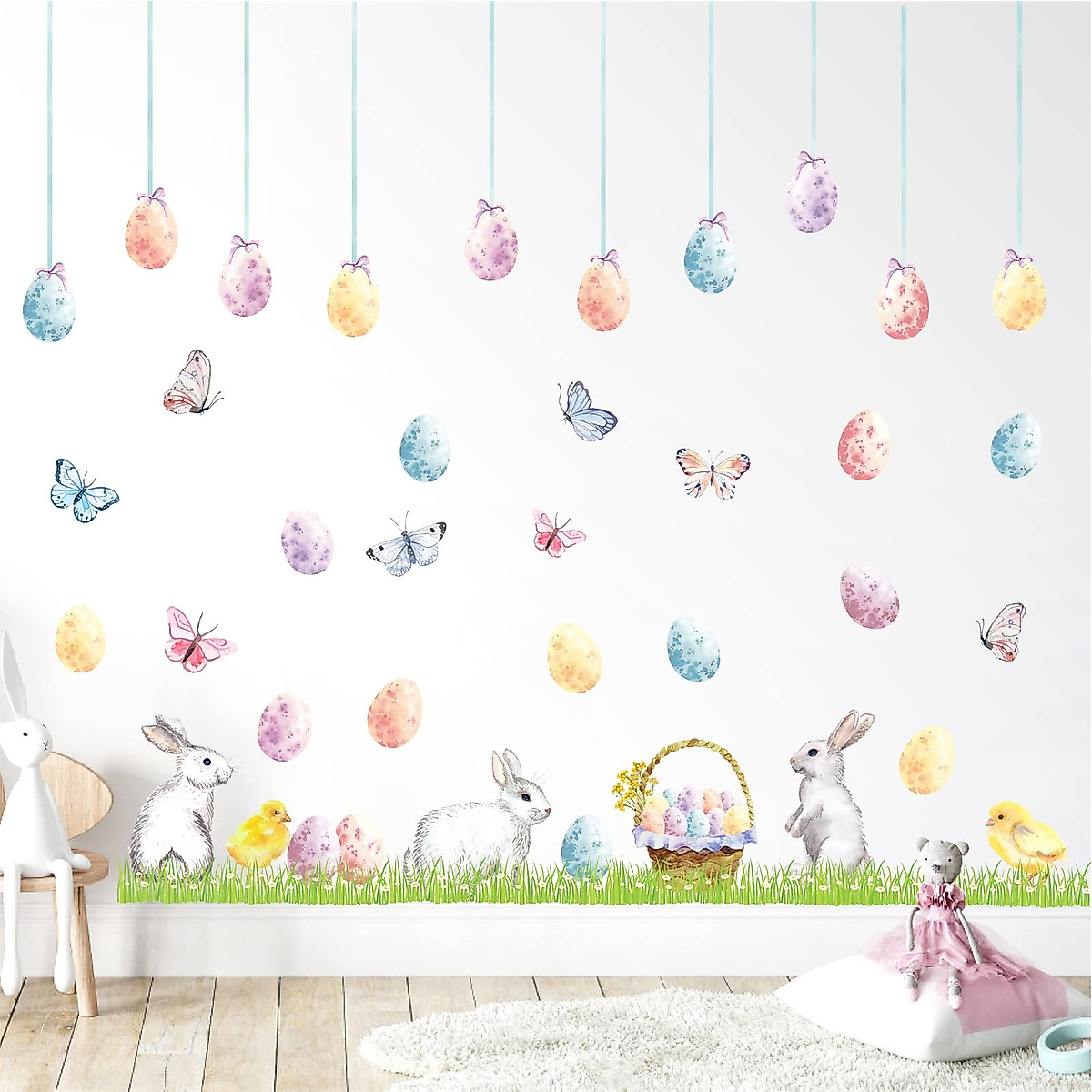 Happy Easter Wall Stickers Easter Egg Wall Decals Easter Bunny Wall Decals Peel and Stick Rabbit Wall Stickers Bunnies Colorful Butterfly Wall Stickers Removable Easter Window Stickers Decorations