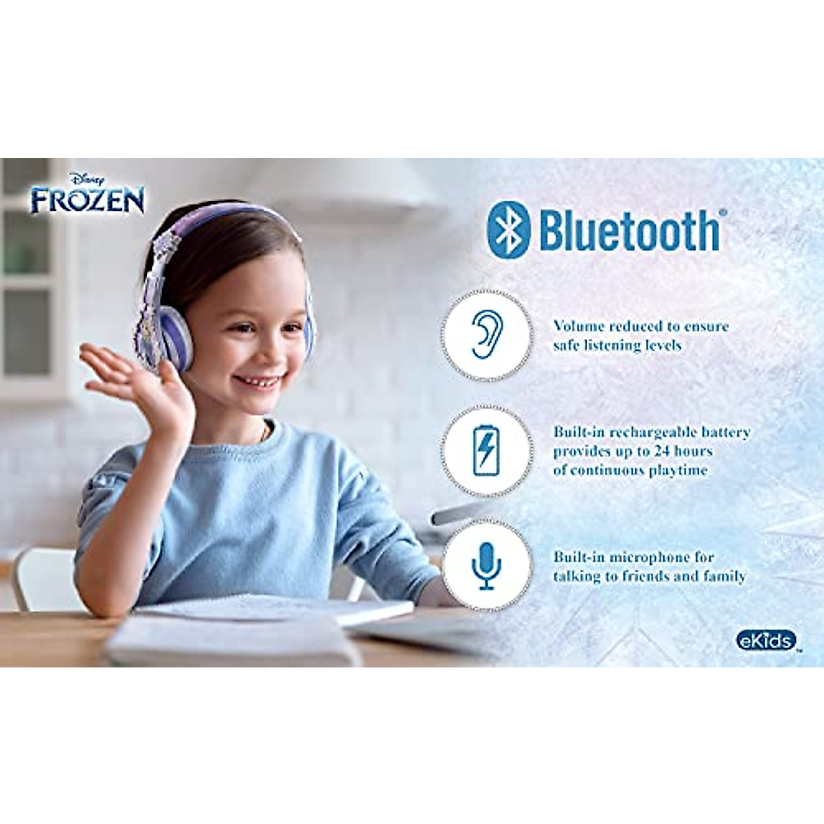 eKids Disney Frozen 2 Bluetooth Headphones with Microphone, Volume Reduced to Protect Hearing, Adjustable Wireless Headphones for School Home Travel, for Fans of Anna and Elsa