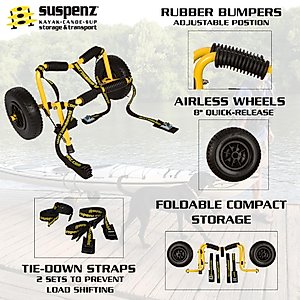 Suspenz Stowable Kayak Carrier Cart, SK Trailer Cart with Airless Wheels and Straps, Yellow, (22-1166)