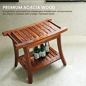 Tinamo Acacia Wood Shower Benches for Inside Shower - Wooden Shower Stool Waterproof for Shaving Legs - Bench Seat with Storage Towel Shelf for Bathroom - Chair Spa Bath (22" x 13" x 18.6") (Acacia)