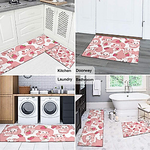 Brilbcu Strawberry Cow Kitchen Mats Set 2 Piece Pink Strawberry Cow Decorative Rugs for Kitchen Low-Profile Strawberry Cow Floor Mats Decorations for Home Kitchen (17x48+17x24 Cute Cow Kitchen Rug)