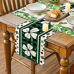 Artoid Mode Green Clover Buffalo Plaid Shamrocks St.Patrick's Day Table Runner, Seasonal Kitchen Dining Table Decoration for Indoor Home Party 13x72 Inch