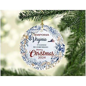 Christmas Ornament Tree 2024 Gift Emporia Virginia Ornaments It's Where My Story Begins Emporia VA Hometown State Gift Xmas Decoration Rustic Holidays 3"