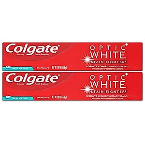 Colgate Optic White Toothpaste, Stain Fighter, Fresh Mint Gel, Travel Size 2.0 oz (Pack of 2)