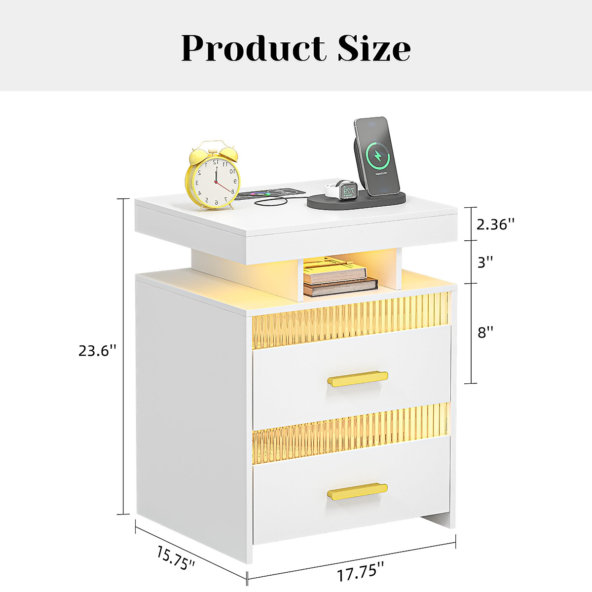 Nightstand with Charging Station, Modern Night Stand with 2 Drawers, Bedside Table with 24 Colors LED Lights and Human Sensor for Bedroom/Livingroom(White)