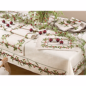 Fennco Styles Embroidered Holly Design Christmas Linen Blend Table Runner 16 x 90 Inch - Natural Table Cover for Home Décor, Banquets, Holiday Gathering and Special Events
