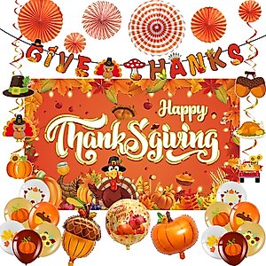 Trgowaul Happy Thanksgiving Day Decorations, 29pcs Orange thanksgiving Party Supplies, Give Thanks Banner Backdrop, Hanging Swirls&Paper Fan Flower Swirl Autumn Balloons, Fall Party Decorations Set
