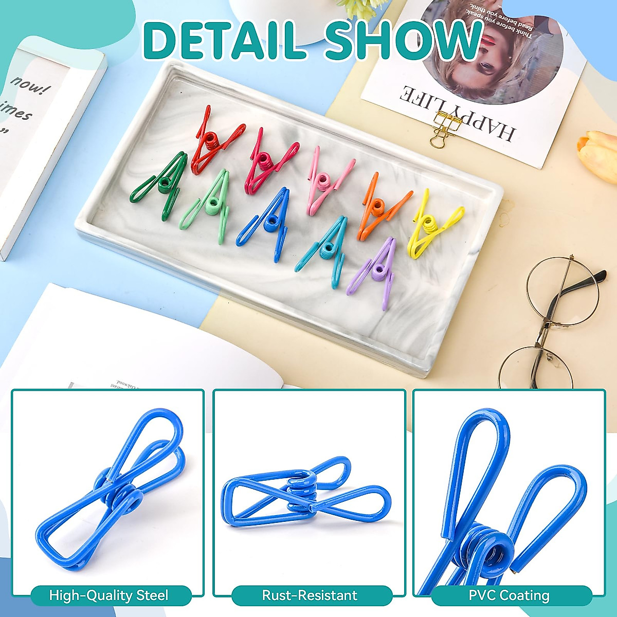 30 Pack Chip Clips Bag Clips, Metal Clip for Food Bag, PVC Coated Clips for Sealing Food - Paper Holder, Clothesline Clip for Laundry Hanging, Kitchen Bags, Multipurpose Clothes Pins, 10 Colors (30)