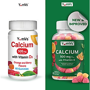YumVs Calcium 500mg with Vitamin D3 - Raspberry & Orange Flavor Calcium Vitamin D Gummies, Chewable Calcium Supplement for Kids & Adults, Vitamin D Calcium Gummies, Kosher Halal Gluten Free (60 Count)