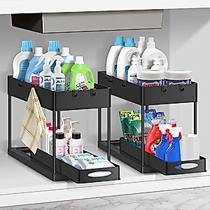 2 Pack Under Sink Organizers and Storage, 2-Tier Bathroom Organizer with Pull-Out Drawer & Hooks, Under the Sink Kitchen Cabinet Organizers Shelf for Countertop Laundry Organization and Storage-Black