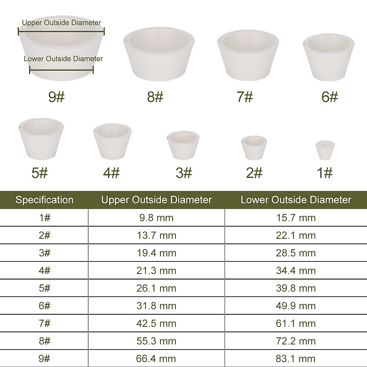 db11 FunChem Filter Adapter Cones, 9 Pack White Wear-Resisting Tapered Collar Rubber Stopper Buchner Funnel Flask Cones Set, Smooth Surface