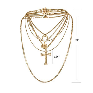 ACC PLANET Gold Layer Necklace Set 6PCS Gold Plated Multilayer Chain Moon Cross Coin Pendant Mother's Day Layered Choker Necklace for Women Gift
