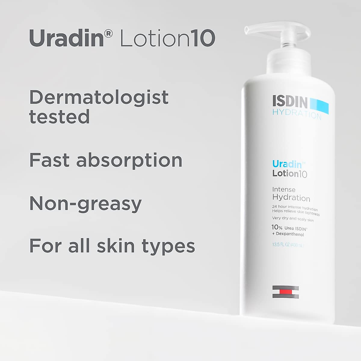 ISDIN Body Lotion Uradin10, 24 Hour Intense Hydration, 10% Urea, Fast Absorbing, Dermatologically Tested, 13.5 Fl Oz