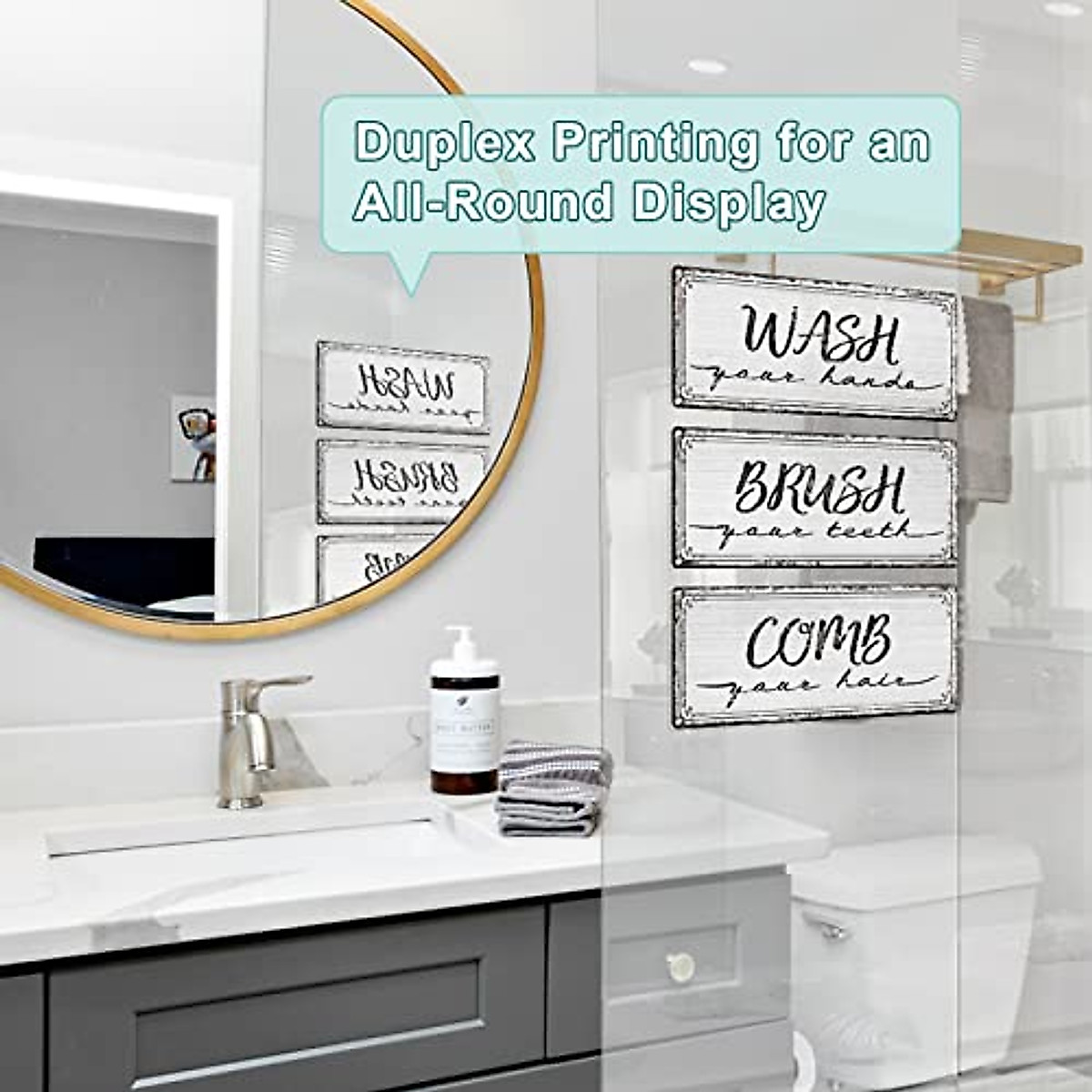 Farmhouse Bathroom Signs Decor 3PCS, PVC Made Waterproof Bathroom Art Wall Decor, Duplex Printed Rustic Home Decor Farmhouse Signs, Fade-resistant Restroom Decor Bathroom Rule Sign, 5X12 Inches, White